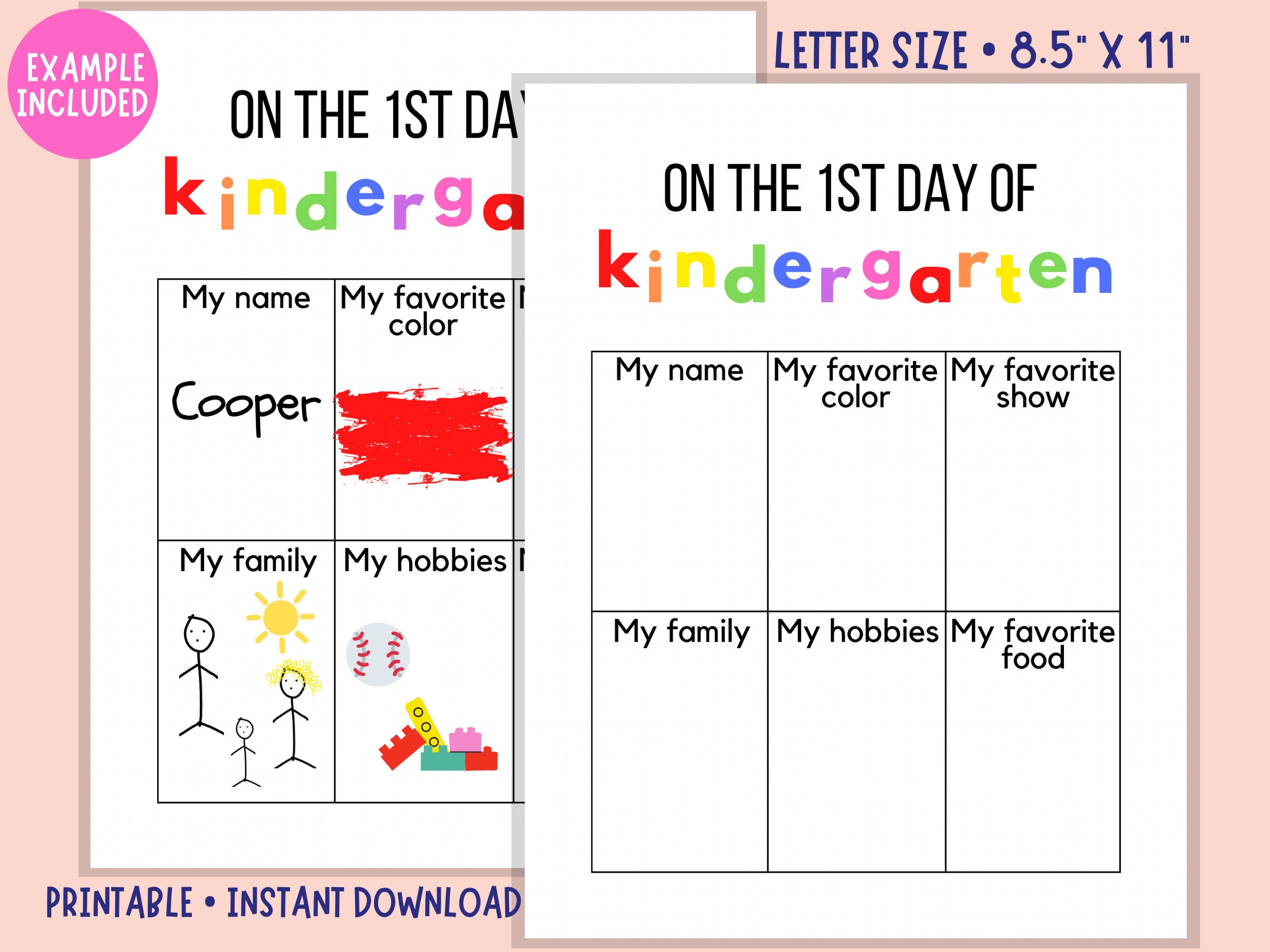 First Day of Kindergarten Worksheet Letter Size PDF Instant Download ...