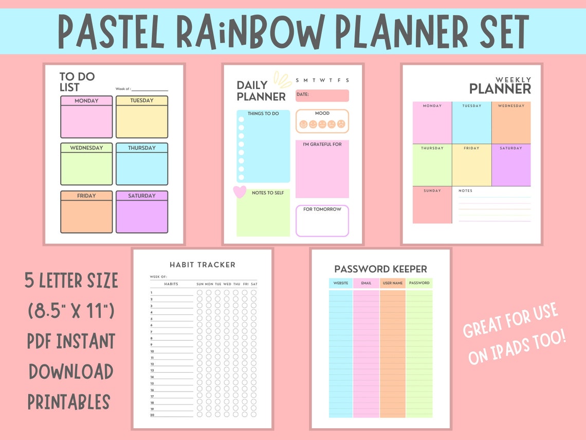Planner Set Pastel Rainbow Instant Download Letter Size 8.5x11 PDF to ...
