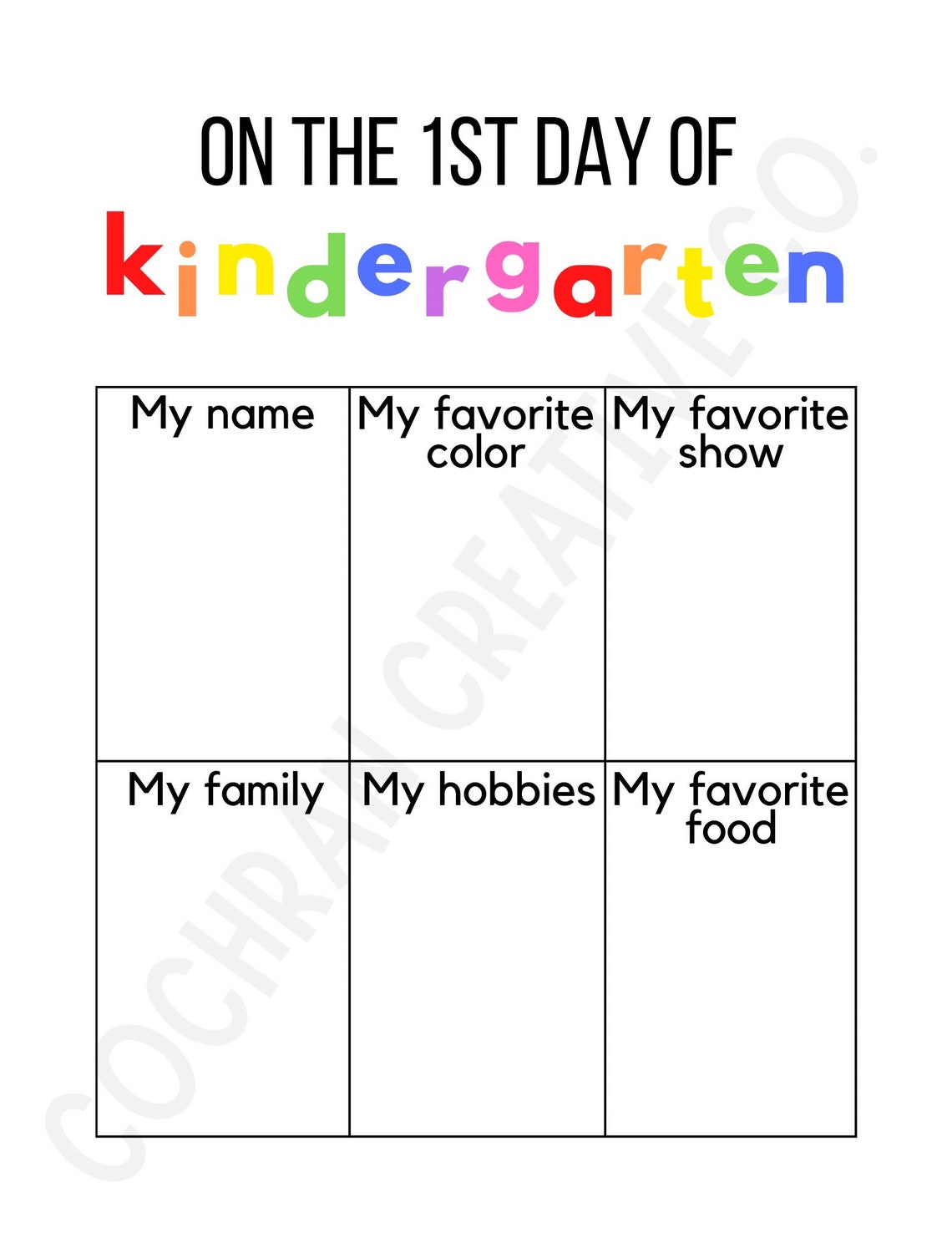 First Day of Kindergarten Worksheet Letter Size PDF Instant Download ...
