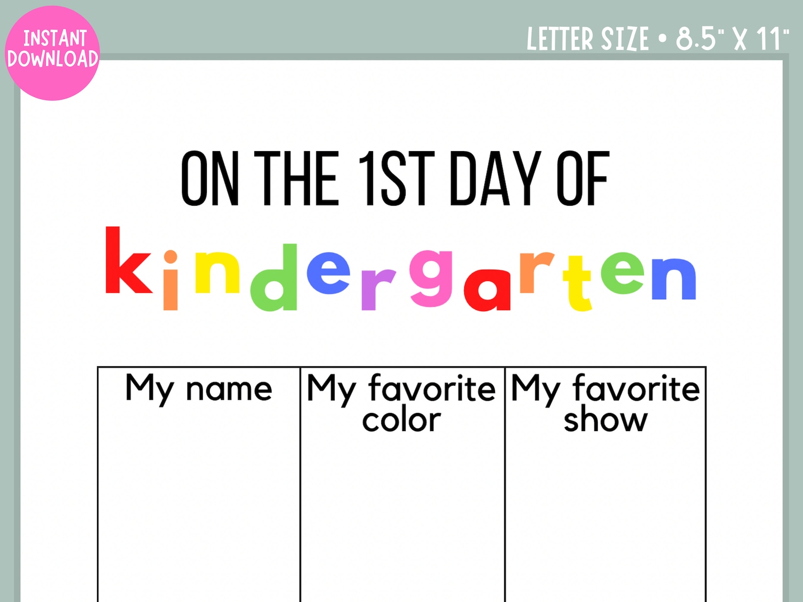 First Day of Kindergarten Worksheet Letter Size PDF Instant Download ...