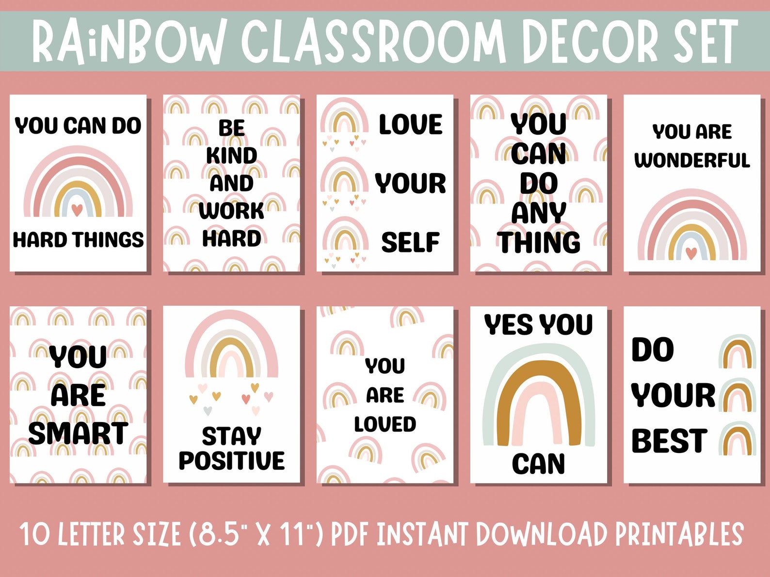 Set of 10 Rainbow Classroom Decor Set - Letter Size 8.5”x11” Printable ...