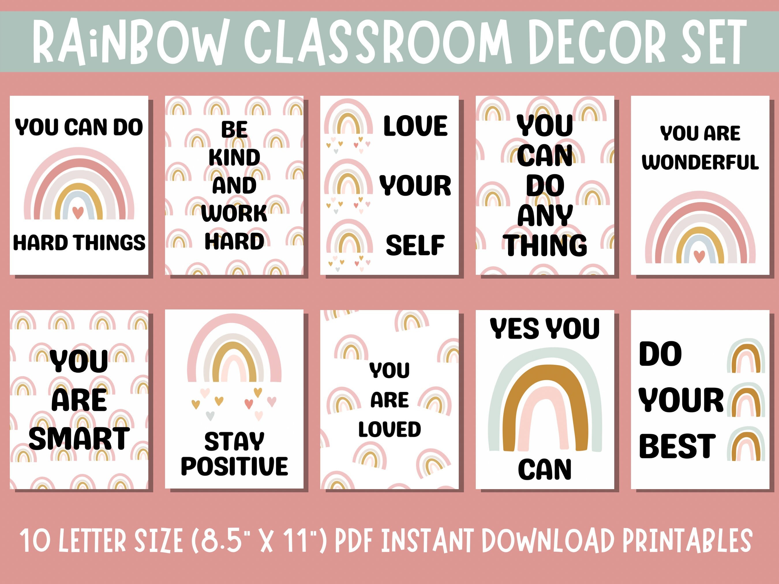 Set of 10 Rainbow Classroom Decor Set - Letter Size 8.5”x11” Printable ...