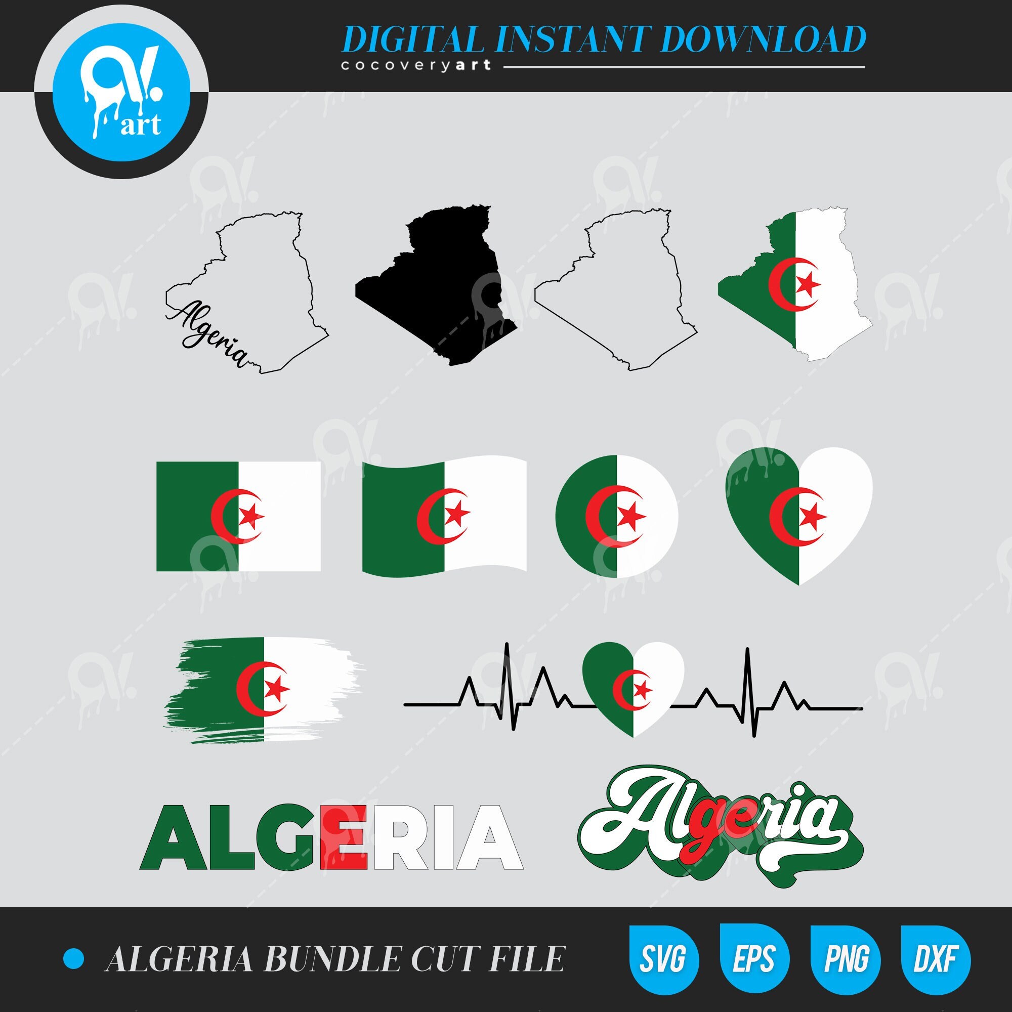 Algeria Bundle Flag Map Files Svg, Eps, Png, Dxf Cut File for Cutting ...