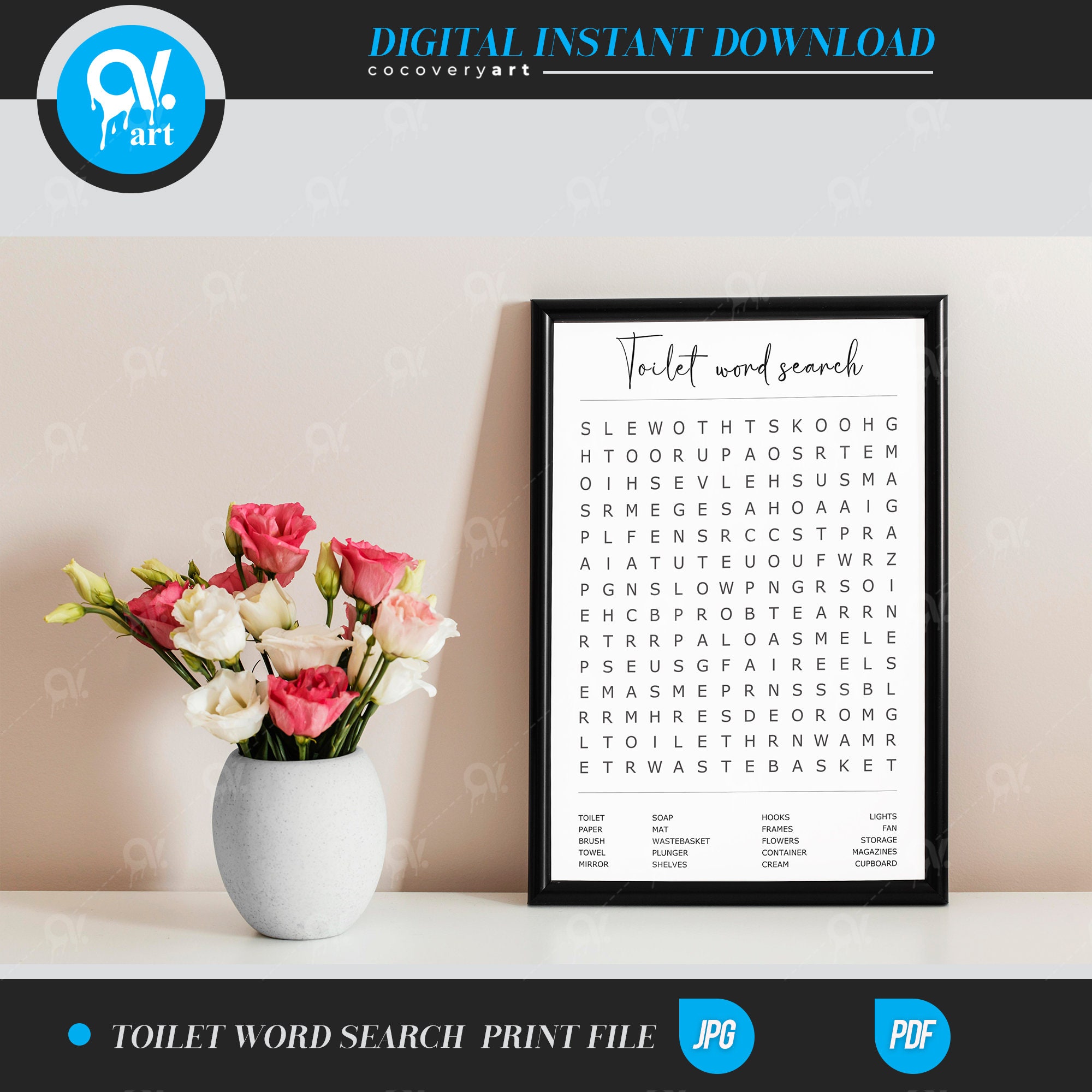 Toilet Word Search Wall Art, Printable Bathroom Sign, Word Search Game ...
