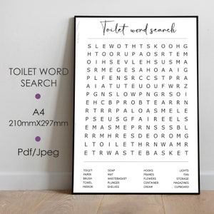 Toilet Word Search Wall Art, Printable Bathroom Sign, Word Search Game ...