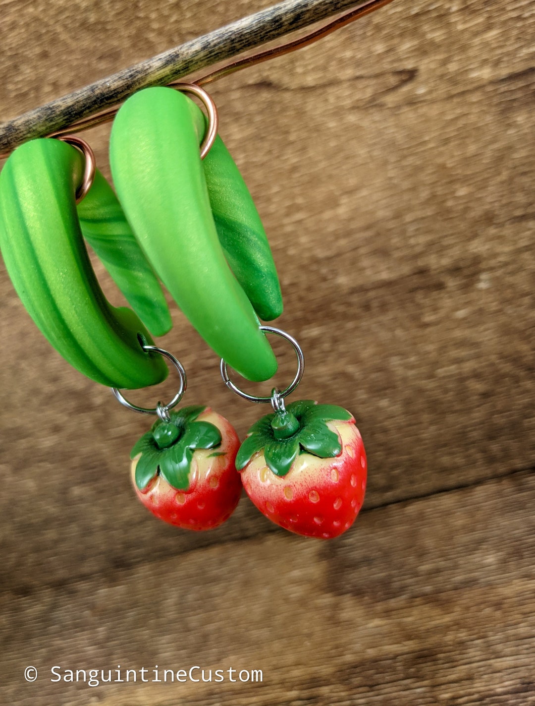 Sweet Red Strawberry Dangle Gauged Hook Earrings, Pearl Green Handmade ...