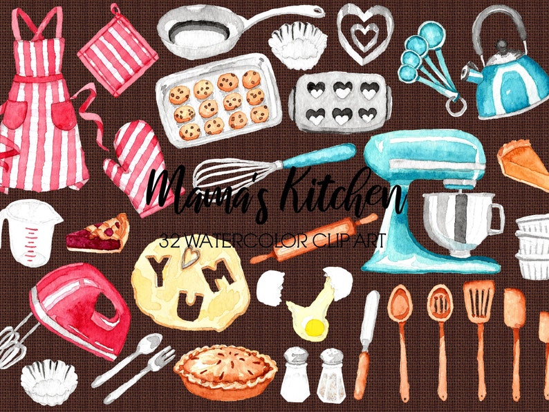 Mama's Kitchen Clip Art, Watercolor Clip Art, Baking Clip Art, Instant ...