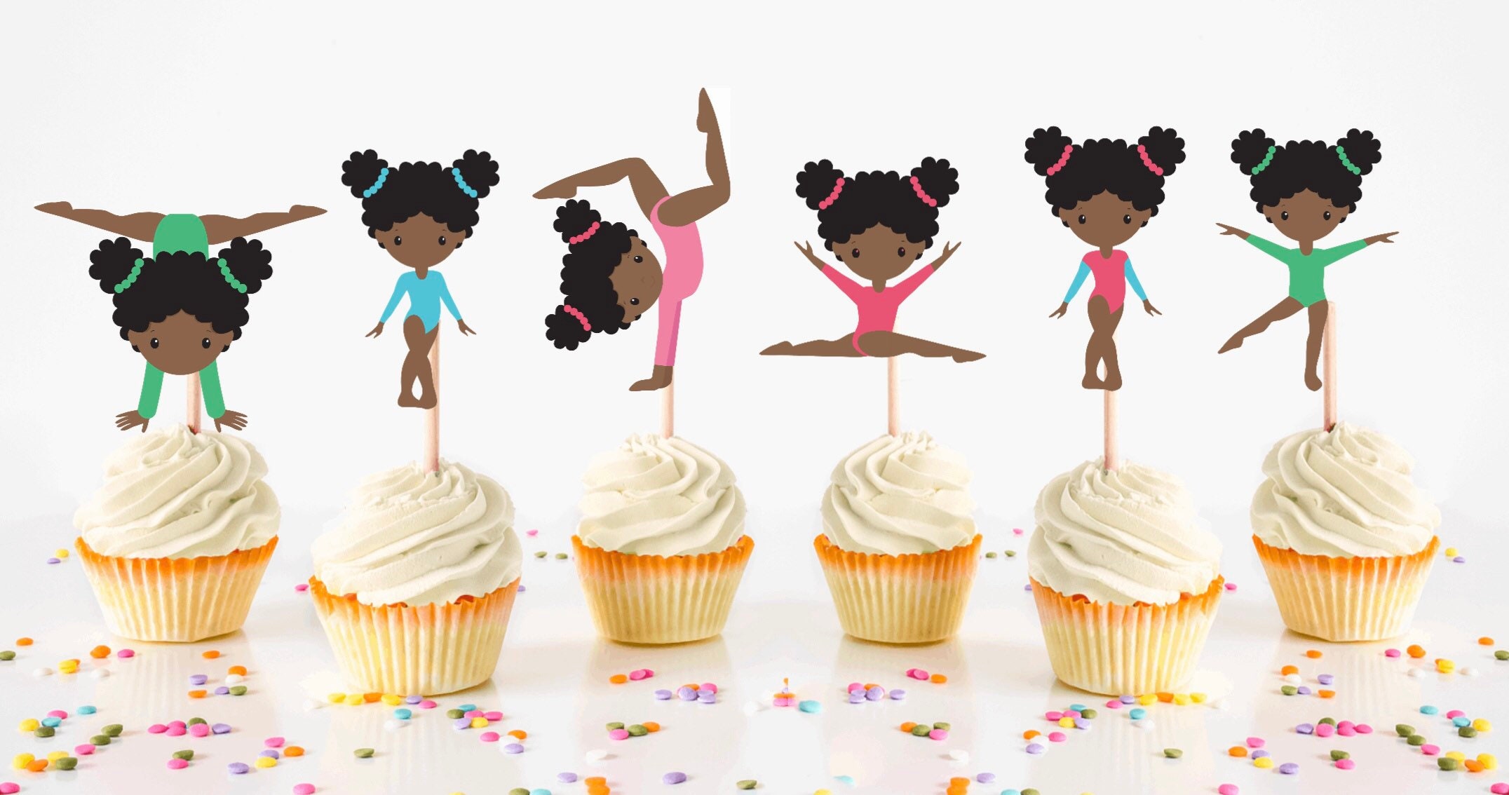 African American Gymnast Cupcake Toppers, Black Girl Gymnastics Party ...