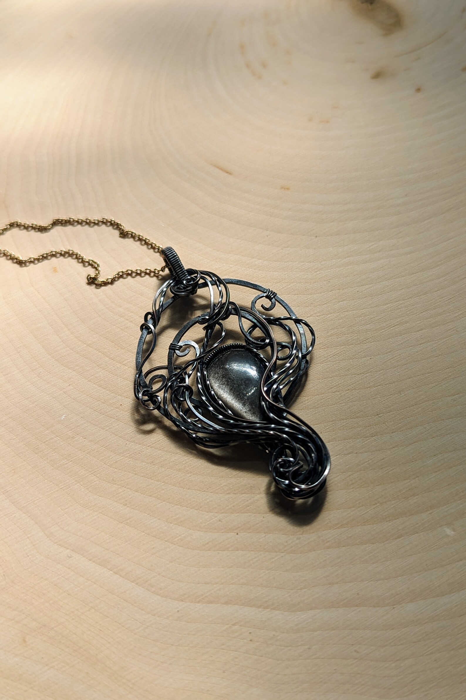 Copper and Silver Sheen Obsidian Wire Wrap Necklace - Etsy