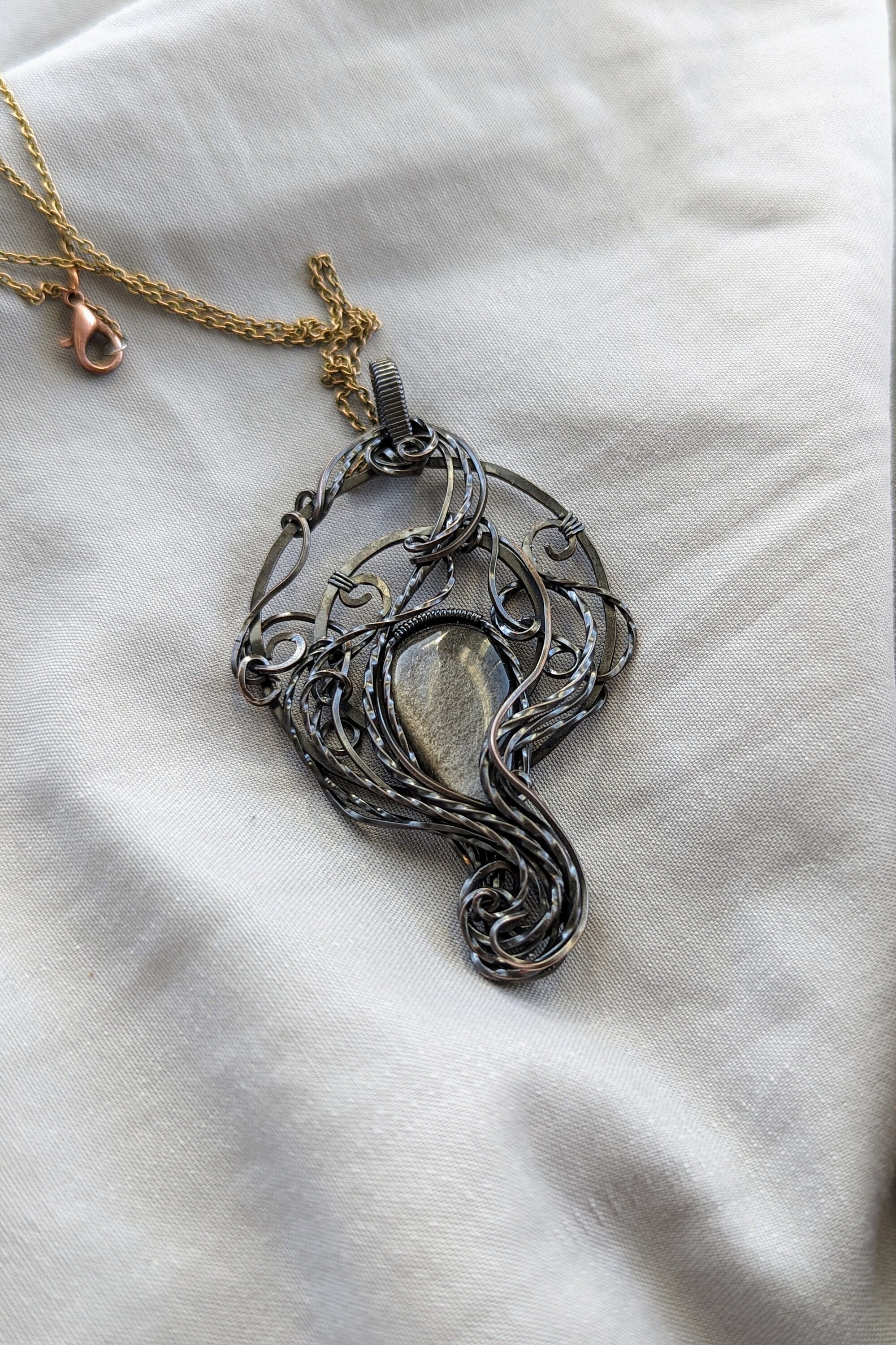 Copper and Silver Sheen Obsidian Wire Wrap Necklace - Etsy