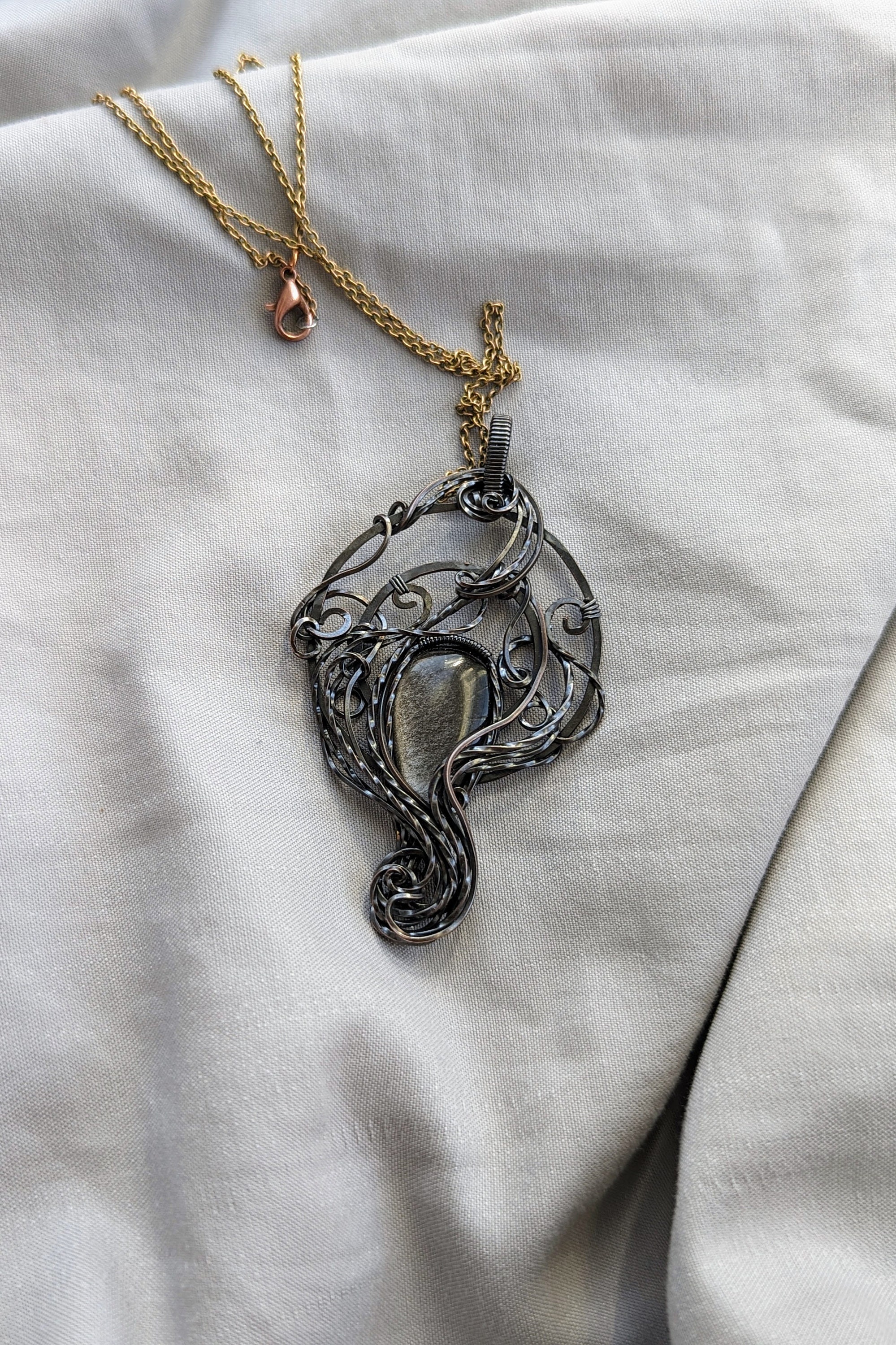 Copper and Silver Sheen Obsidian Wire Wrap Necklace - Etsy
