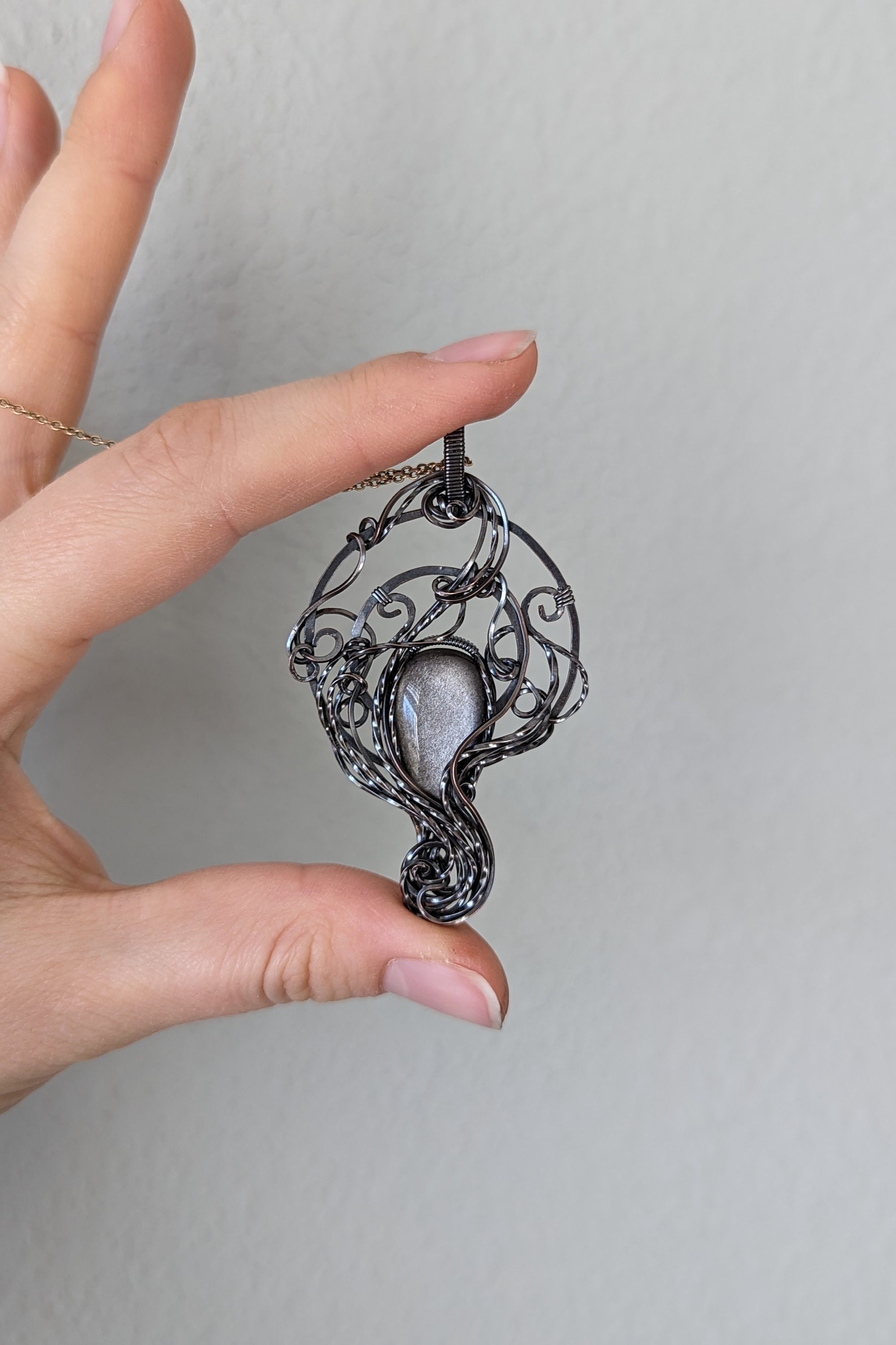 Copper and Silver Sheen Obsidian Wire Wrap Necklace - Etsy
