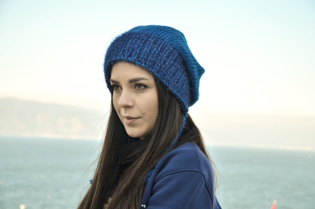 Hand Knitted Blue Women's Beret Blue Fantasy Yarn Beret - Etsy
