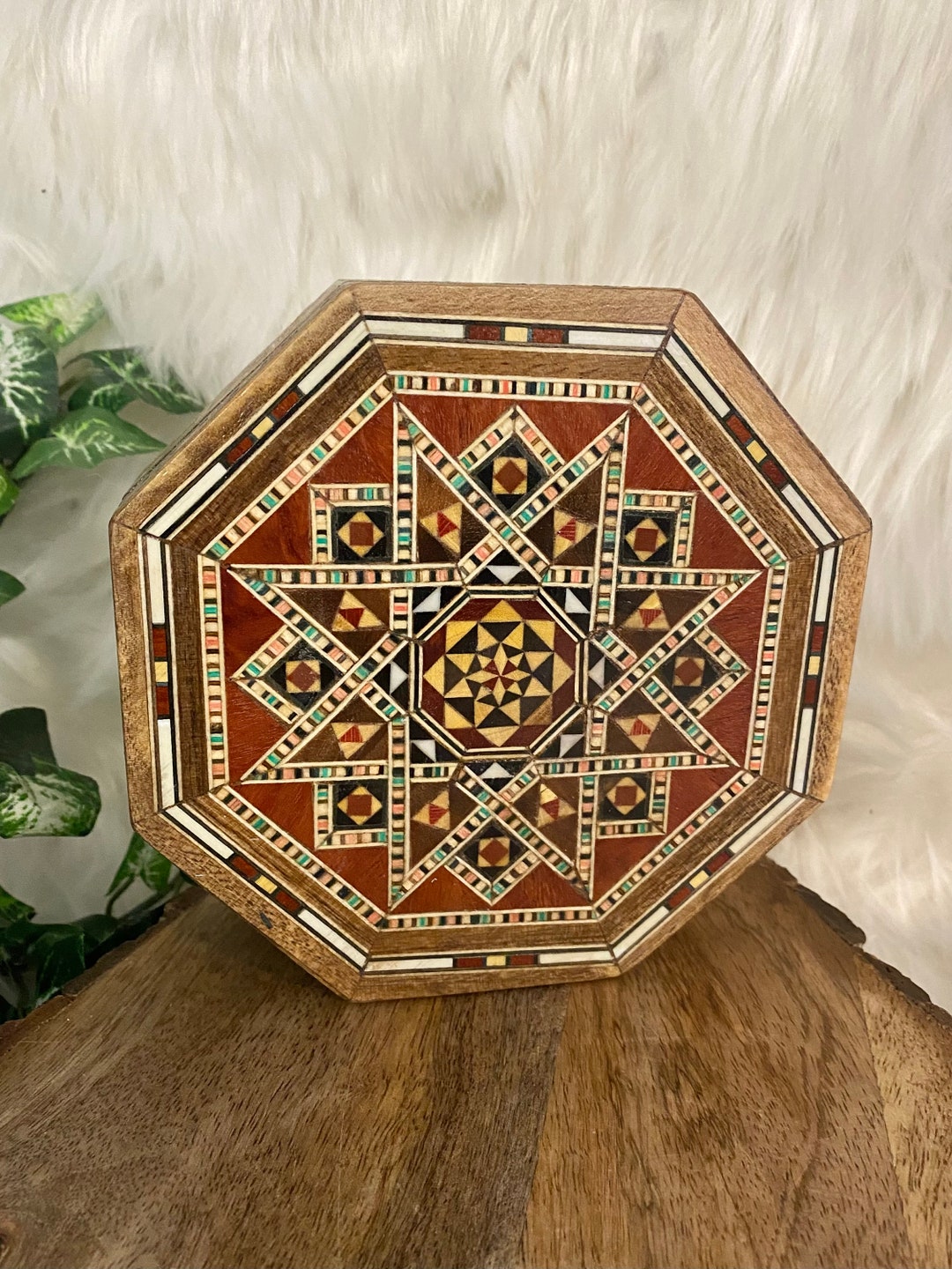 Vintage Wooden Inlay Octagon Jewelry Box - Etsy