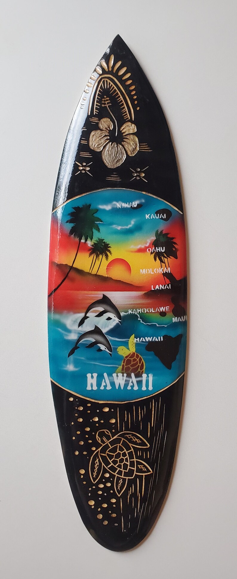 Mini Carved Surfboard 23.2" X 6.25" X 0.25 Turtle Dolphin Palm Hawaii ...