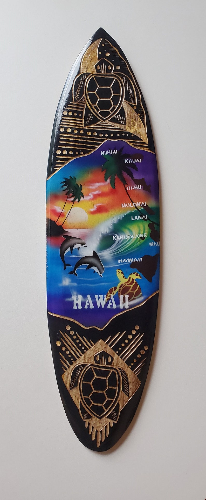 Mini Carved Surfboard 23.2" X 6.25" X 0.25 Turtle Dolphin Palm Hawaii ...