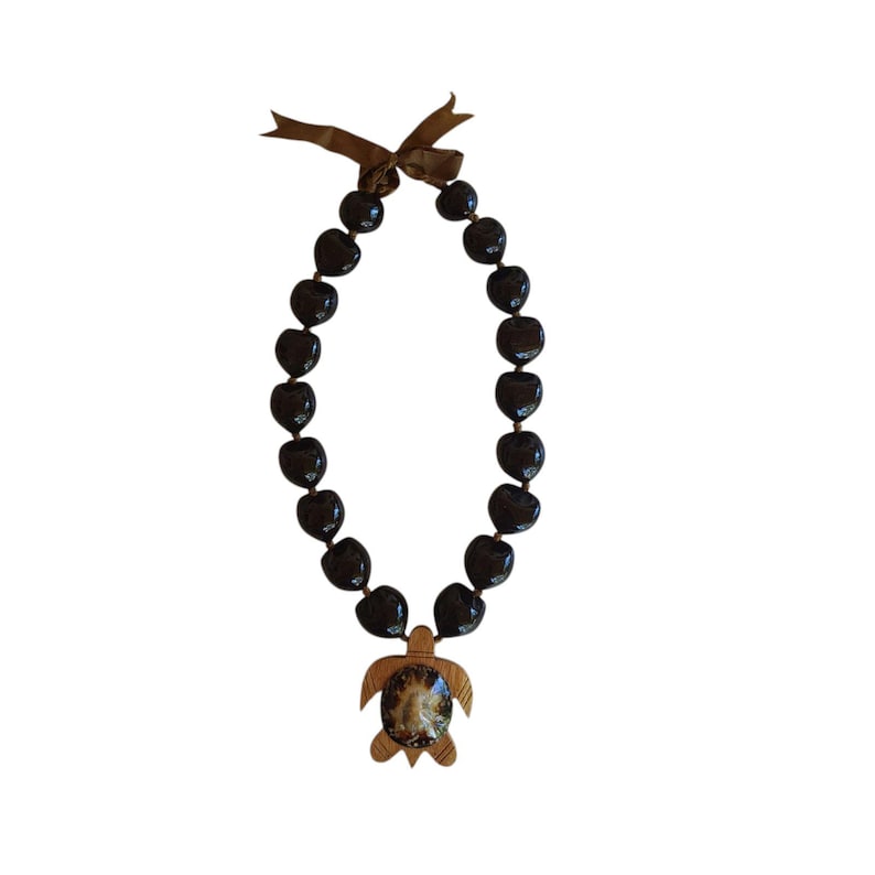 Hawaiian Style Black or Brown Kukui Nut Choker Lei Necklace W/ Opihi ...