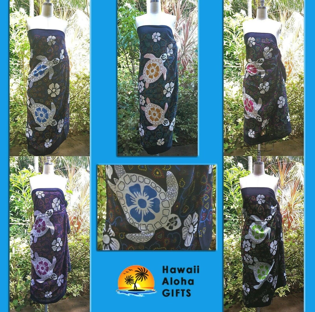 New Hawaii Sarong Pareo Luau Cruise Wrap Dress Turtle Hibiscus on Black ...