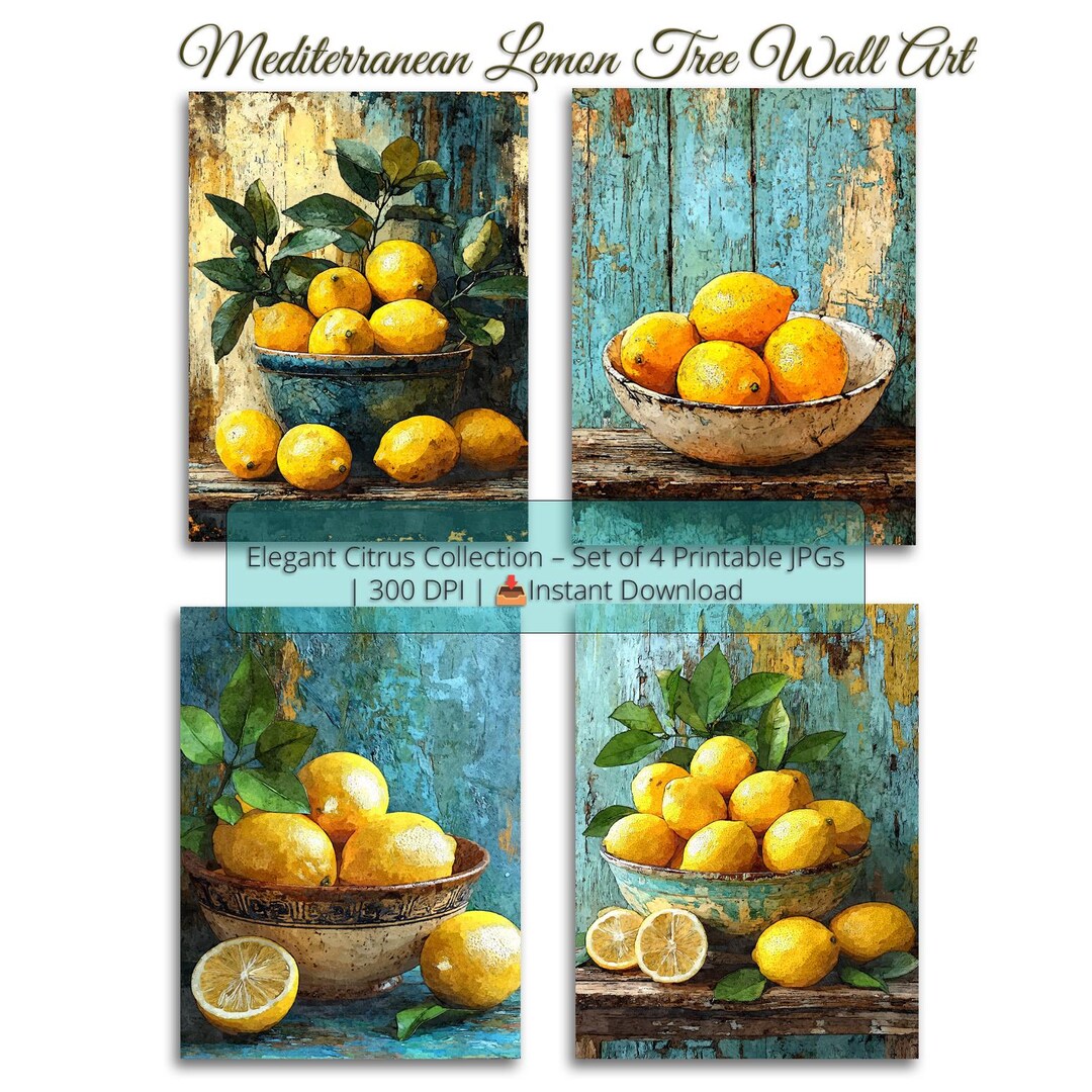 Mediterranean Lemon Tree Wall Art Set – Rustic Citrus Kitchen Decor ...