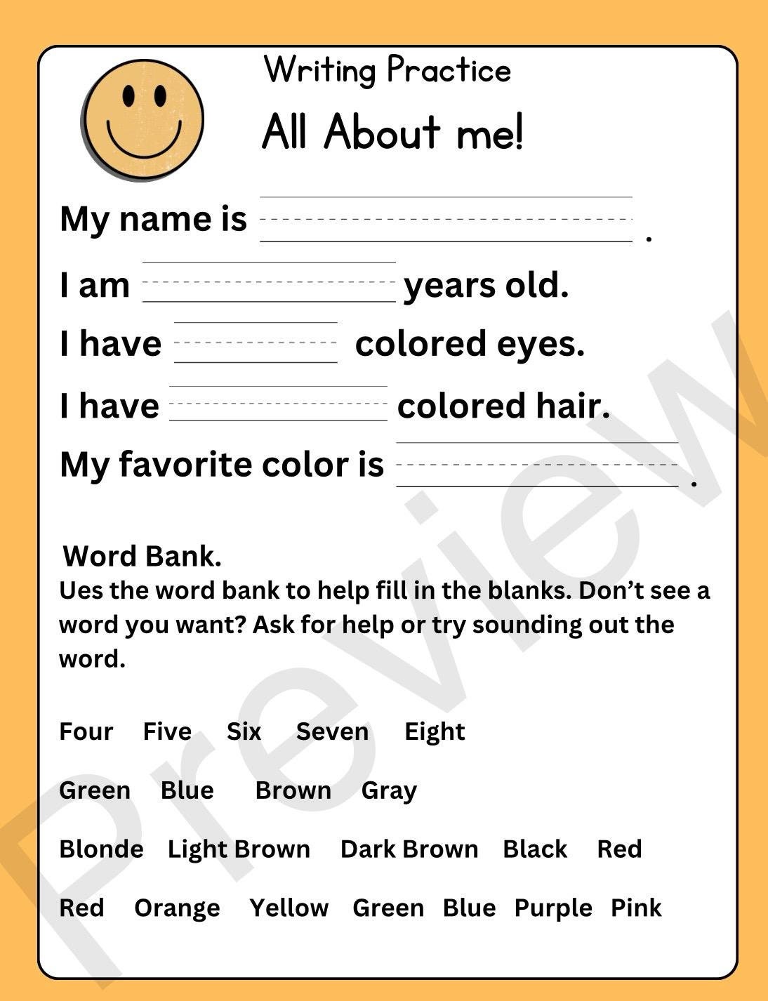 All About Me Writing Worksheet - Etsy