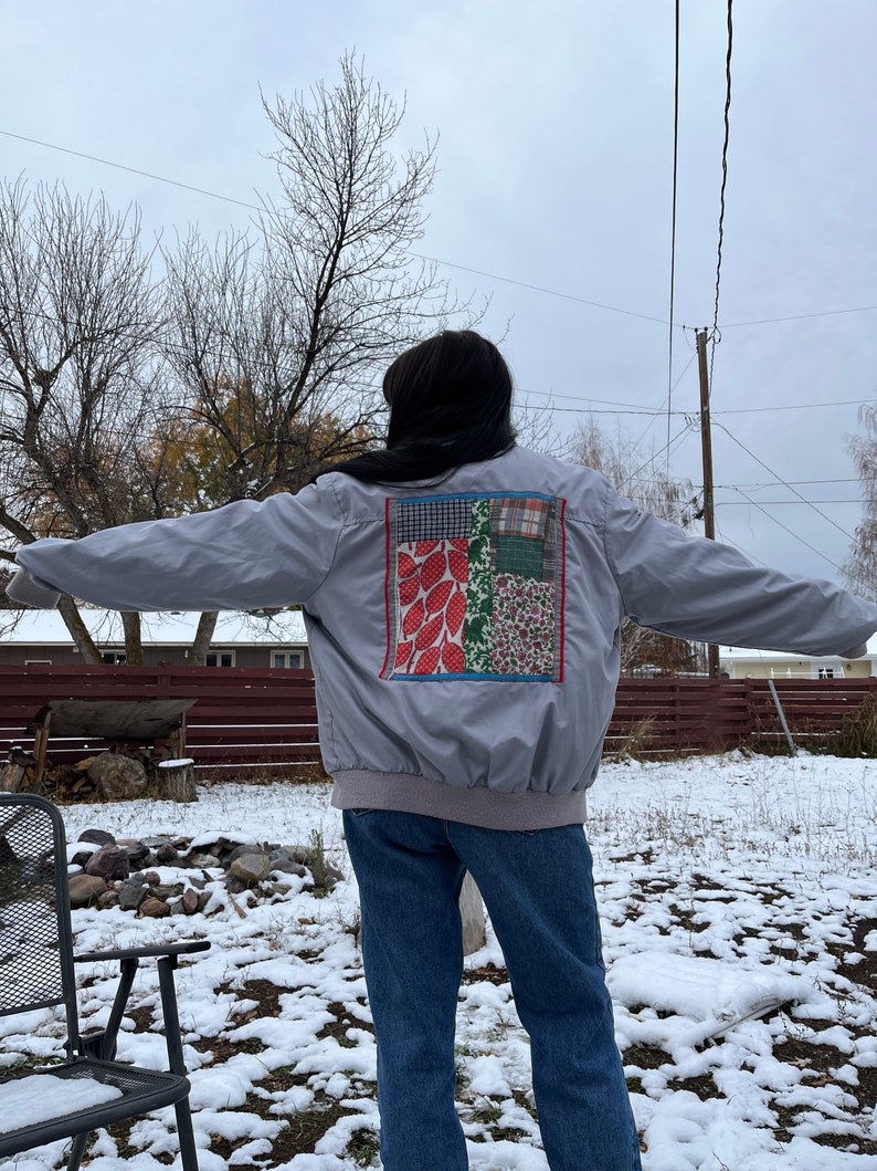 Gray Vintage Patchwork Bomber Jacket - Etsy