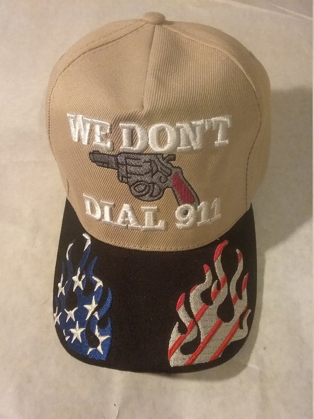 We Don't Dial 911 W/pistol Tan Baseball Cap/hat, Red and Blue Flames on ...