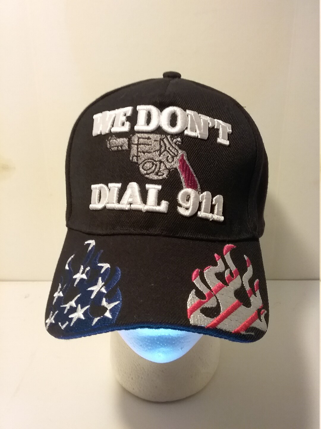 We Don't Dial 911 W/pistol Black Baseball Cap/hat, Red and Blue Flames ...