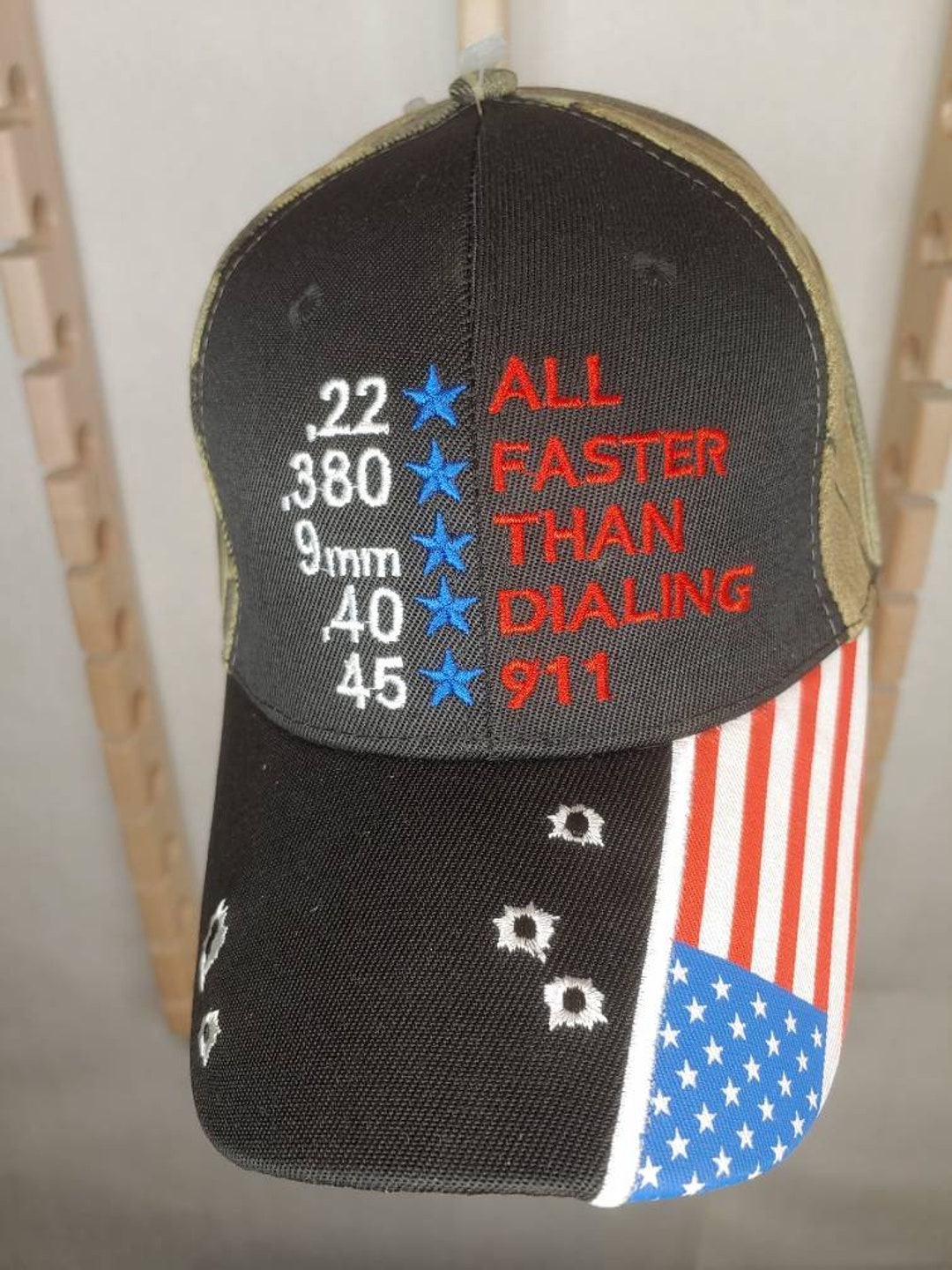 All Faster Than Dialing 911, Black Baseball Cap/hat, W/flag on the Brim ...