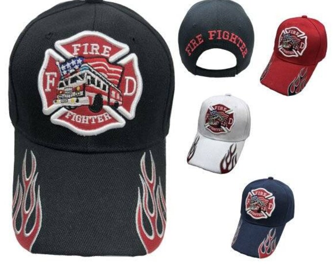 Firefighter W/fire Truck & Rescue Badge, Baseball Cap/hat, W/ Flames on ...