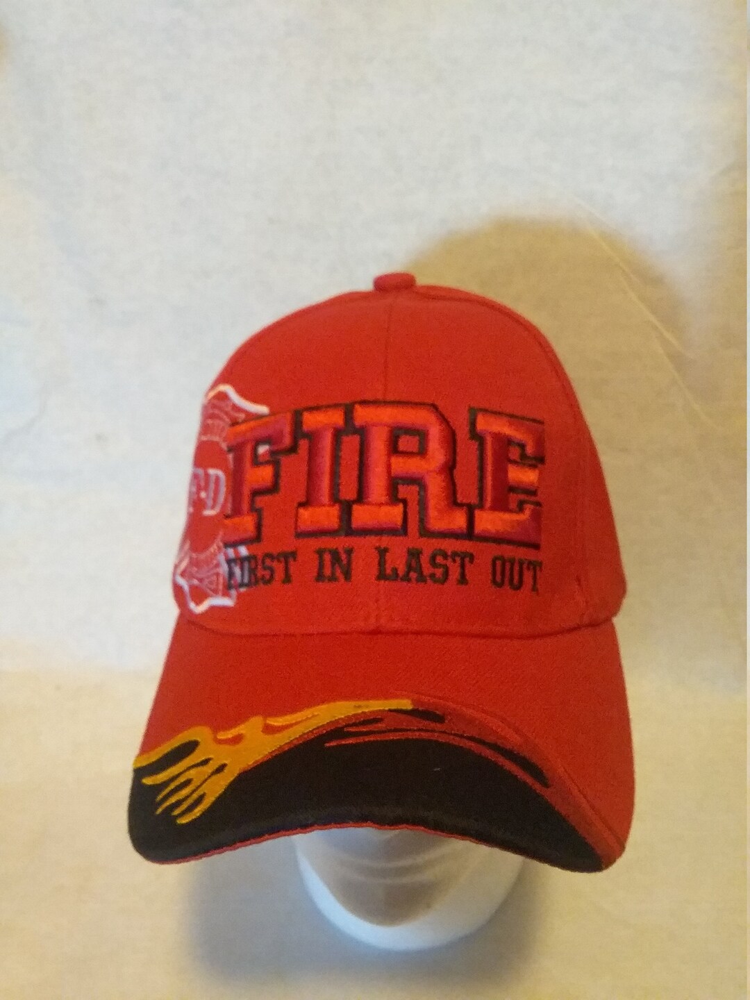 Fire, First in Last Out Red Baseball Cap/hat, W/fire Department Badge ...