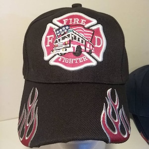 Firefighter W/fire Truck & Rescue Badge, Baseball Cap/hat, W/ Flames on ...
