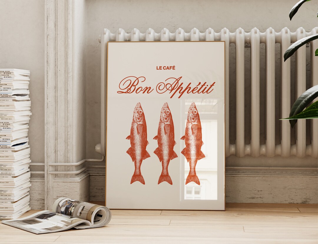 Vintage Bon Appetit Fish Print: Red Kitchen Typography (digital ...