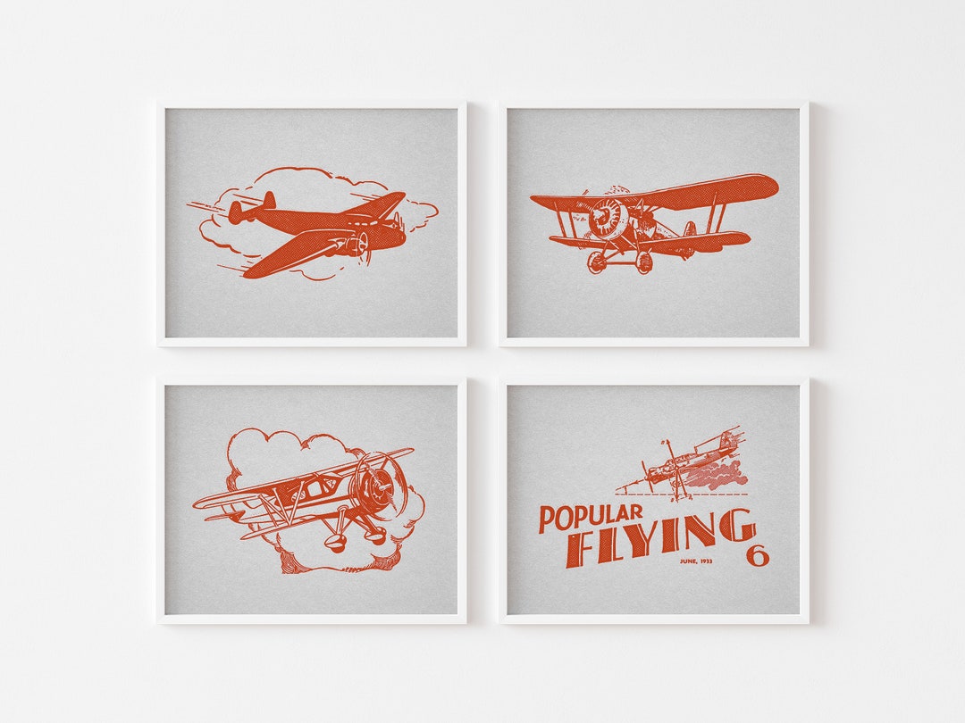 Set of 4 Preppy Vintage Airplane Nursery Prints | Red Adventure Posters ...