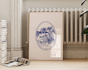 Vintage Blue Tropical Print | Coastal Wall Decor | Retro Palm Tree Art ...