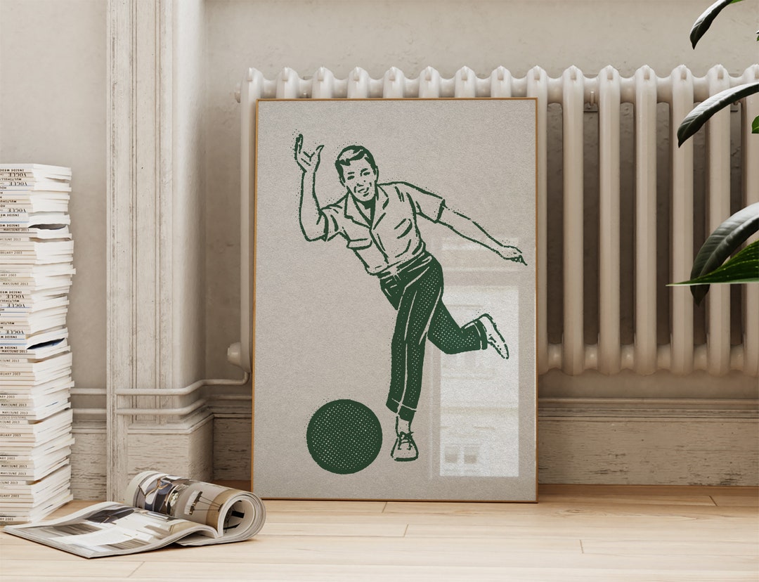 Vintage Bowling Poster | Man Bowling Sign | Green Bowling Alley Party ...