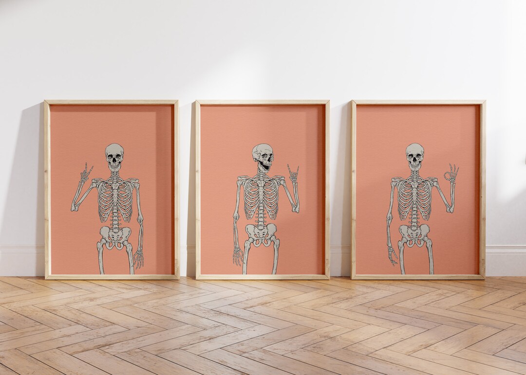 Pastel Halloween Skeleton Prints: Set of 3 Funny Pink Skull Art ...