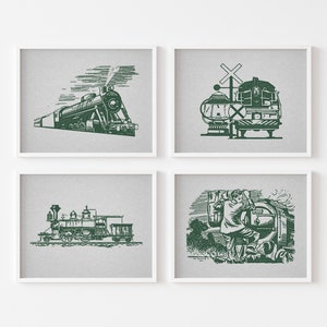 Set of 10 Vintage Train Prints in Green | Unique Nursery Kids Posters ...