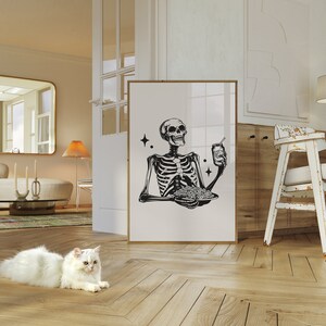 Set of 2 Halloween Kitchen Bar Cart Prints | Funny Skeleton Wine Wall ...