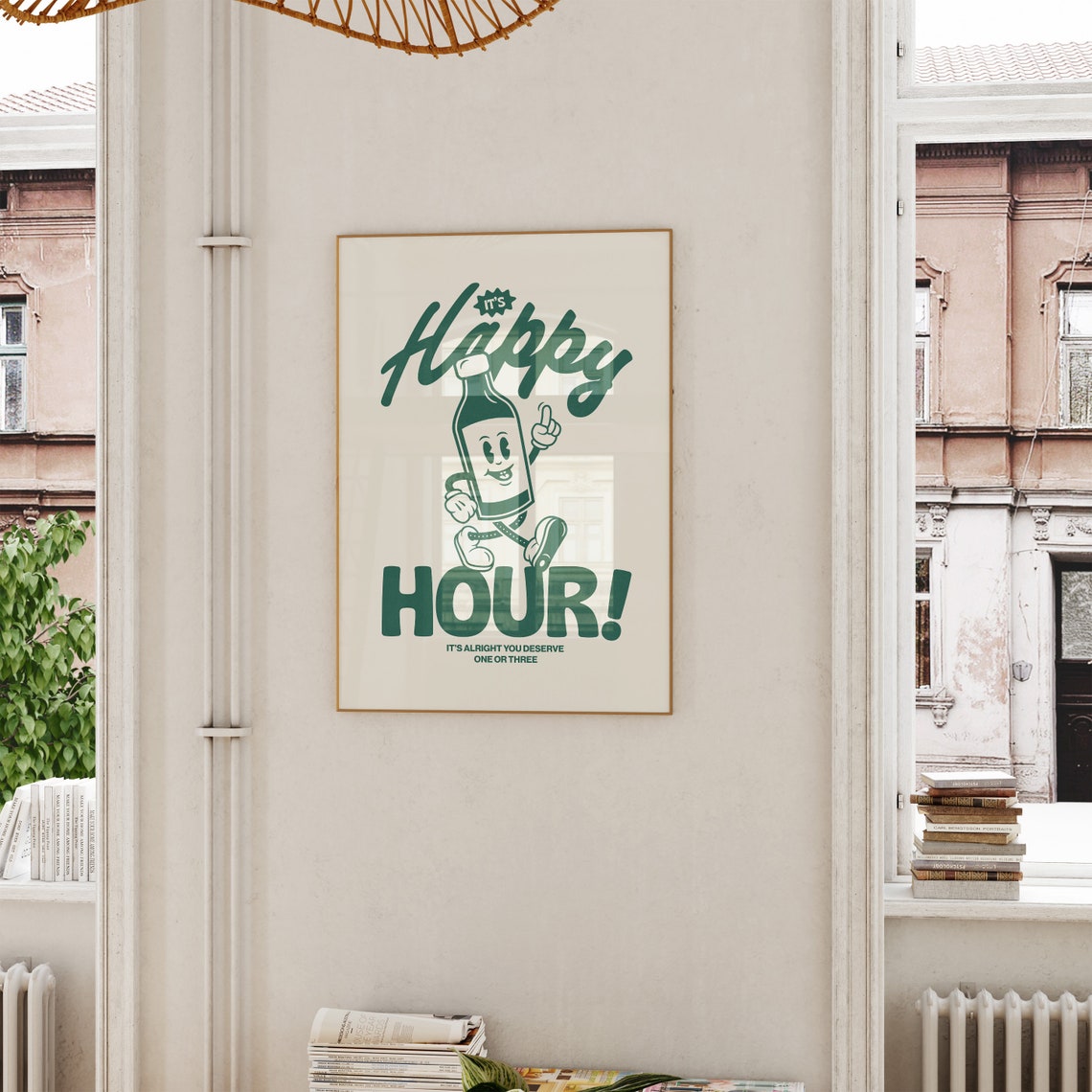 Happy Hour Printable in Retro Green Bar Cart Wall Art Decor - Etsy