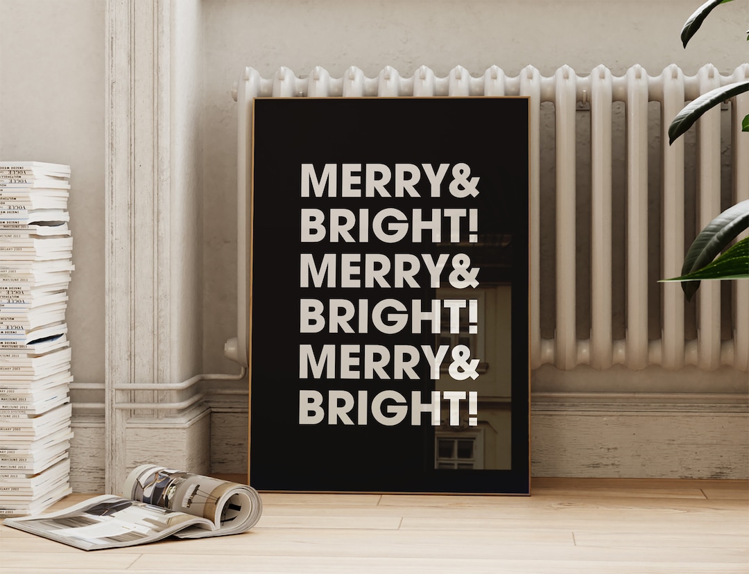 Modern Christmas Print | Merry and Bright Black White Holiday Wall Art ...