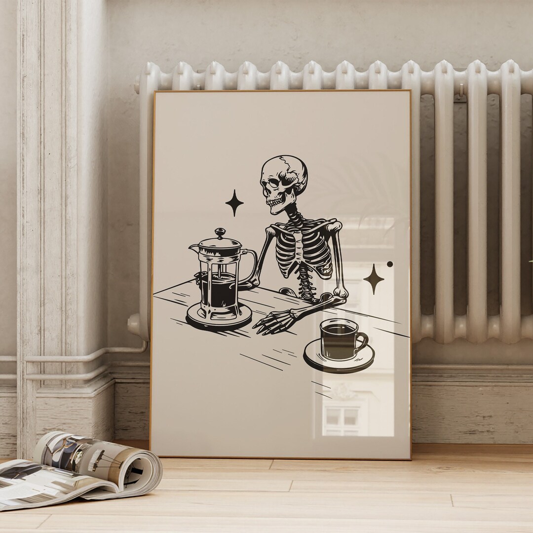 Skeleton French Press Coffee Print: Halloween Kitchen Art (digital ...
