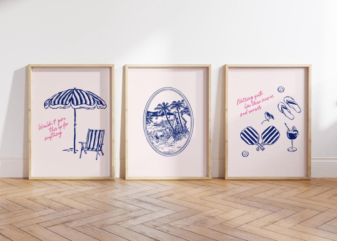 Set of 3 Coastal Prints Palm Tree Posters Pink and Blue Ocean Travel ...