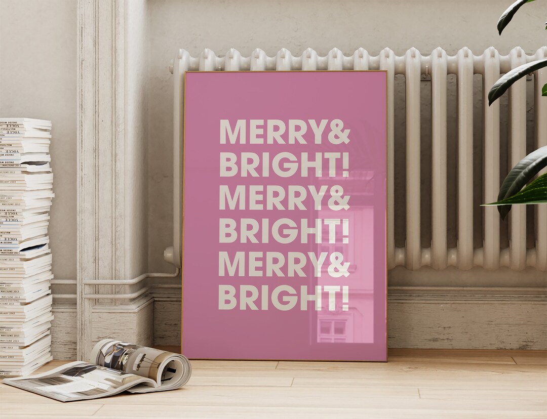 Pink Merry and Bright Holiday Print: Modern Christmas Typography ...