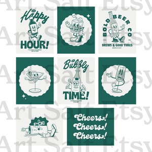 Bar Cart Set of 8 Printables in Retro Green | Happy Hour Wall Art ...