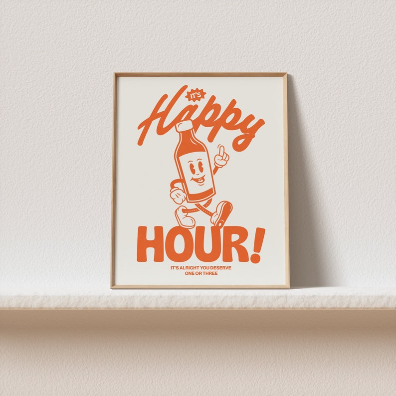 Happy Hour Printable in Retro Orange Bar Cart Wall Art Decor - Etsy