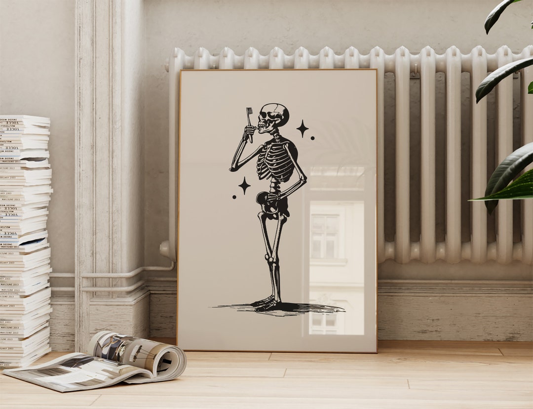 Skeleton Brushing Teeth Print: Funny Halloween Bathroom Art (digital ...