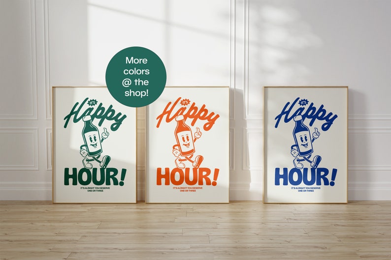 Happy Hour Printable in Retro Orange Bar Cart Wall Art Decor - Etsy