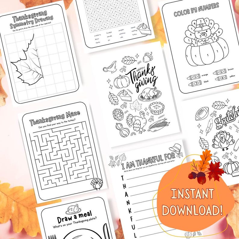 Thanksgiving | 8 Activity Coloring Pages | Printable | Instant Download ...