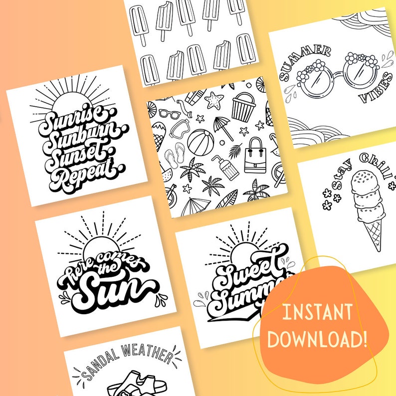 Summer | 8 Coloring Pages | Printable | Instant Download - Etsy
