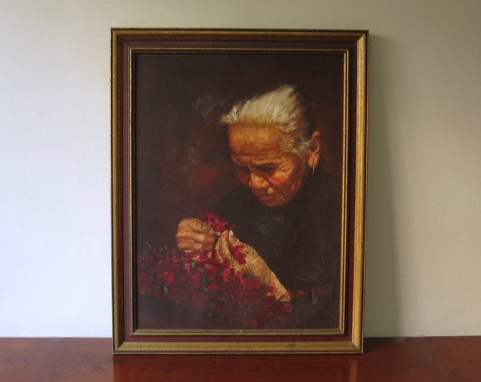Original H. Cheang Oil on Canvas Chinese Painting of Woman Weaving ...